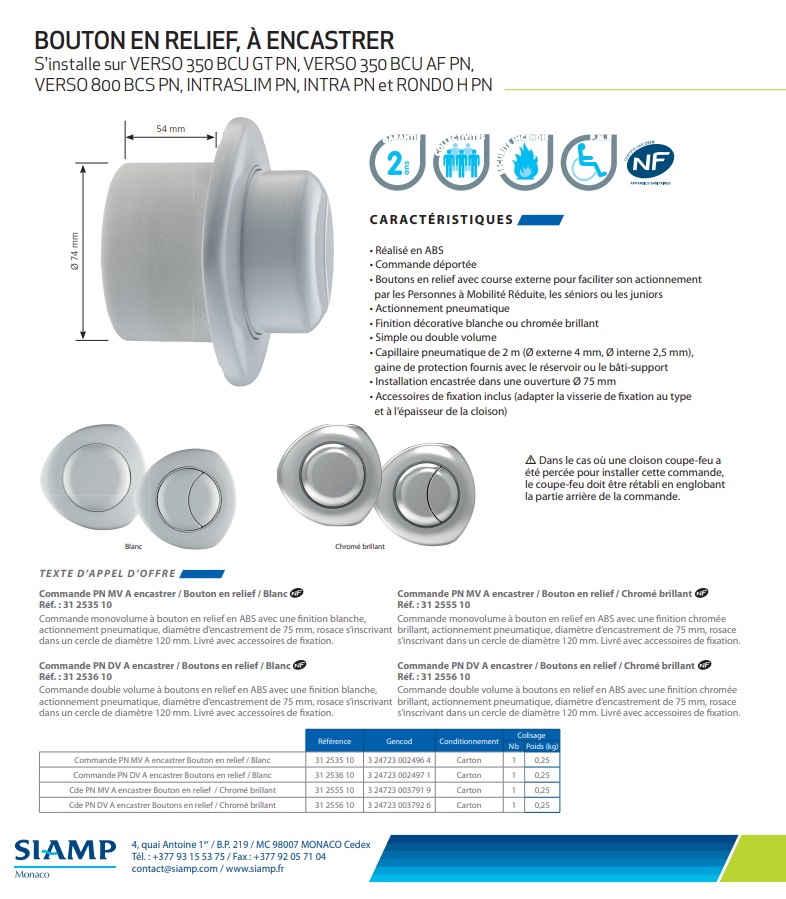 Commande pneumatique encastré avec bouton en saillie SIAMP